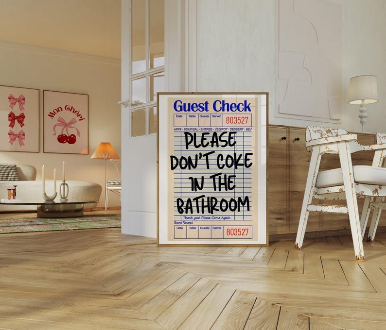 Please Don't Coke in the Bathroom, Digital Guest Check Poster, Trendy Wall Art, Preppy Print ...