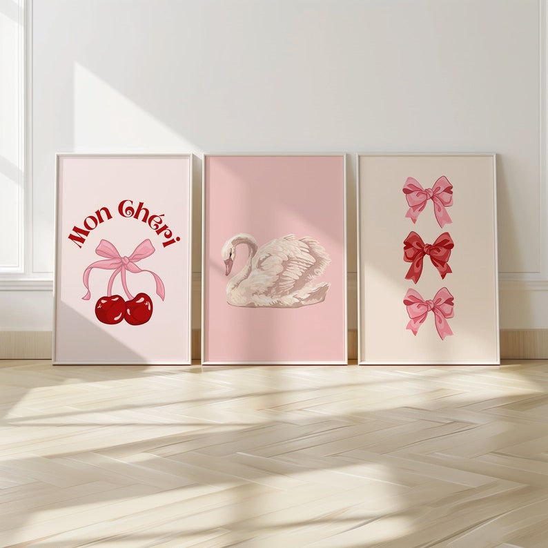 Trendy Pink Bows Wall Art Set of 3, Preppy Poster, College Apartment ...