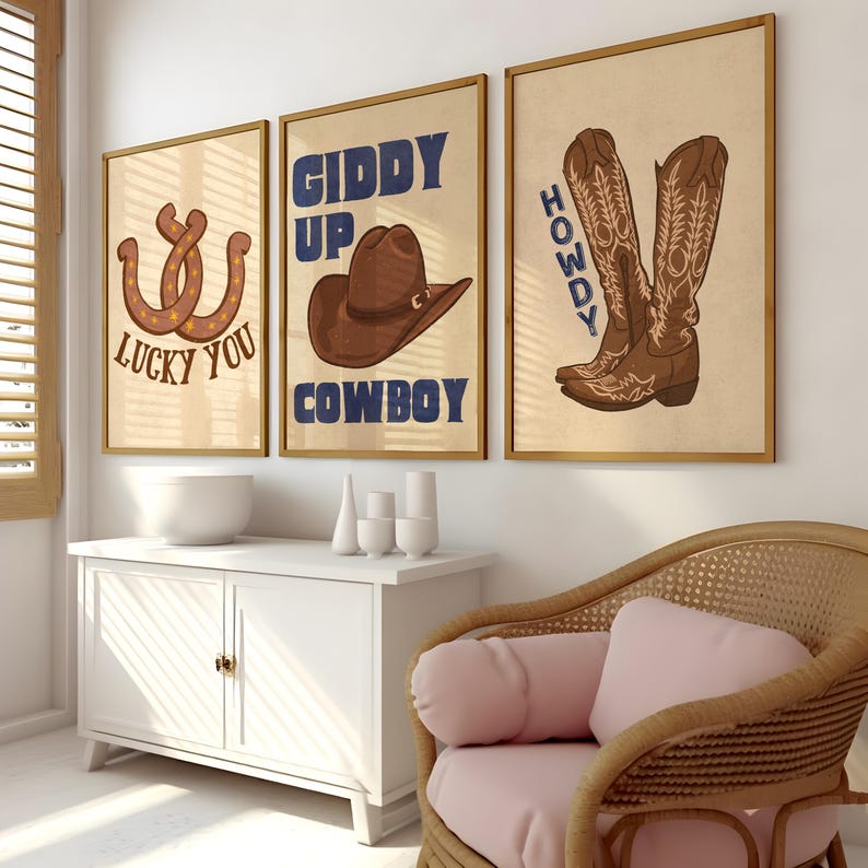 Western Wall Art Set of 3, Cowboy Prints, Retro Wall Art, Cowboy Boots ...
