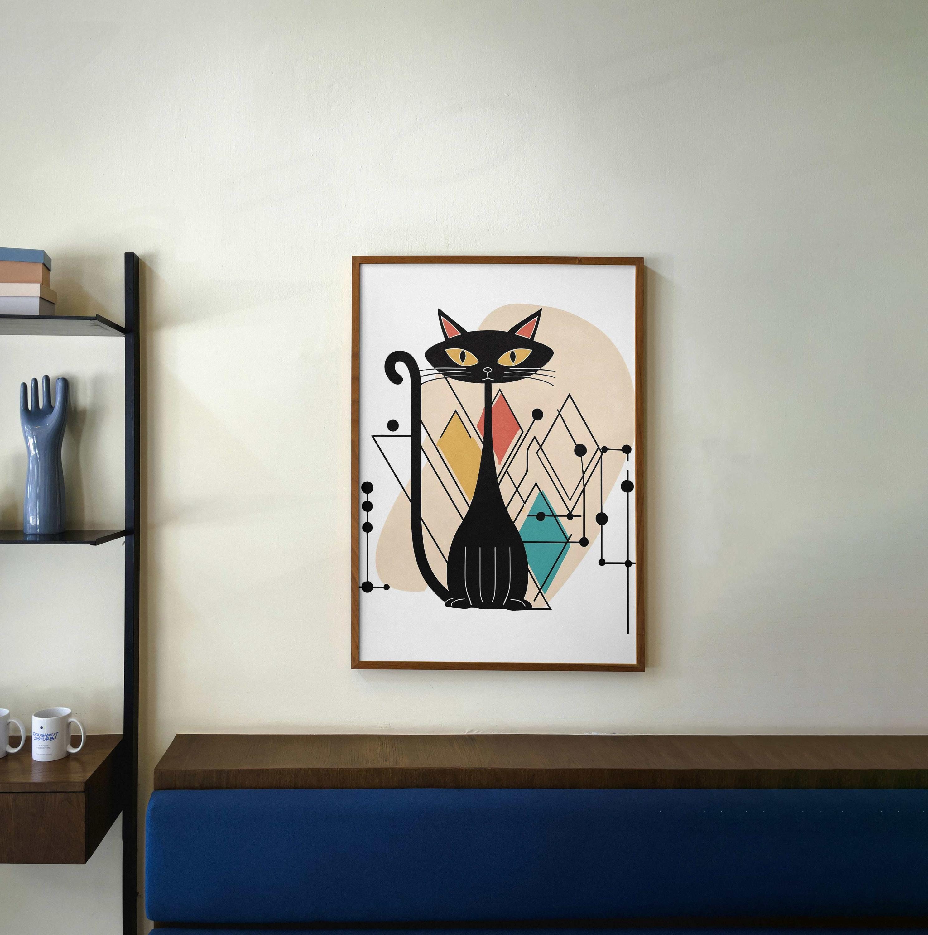 Mid Century Modern Atomic Cat Wall Art Print, Retro Black Cat Digital ...