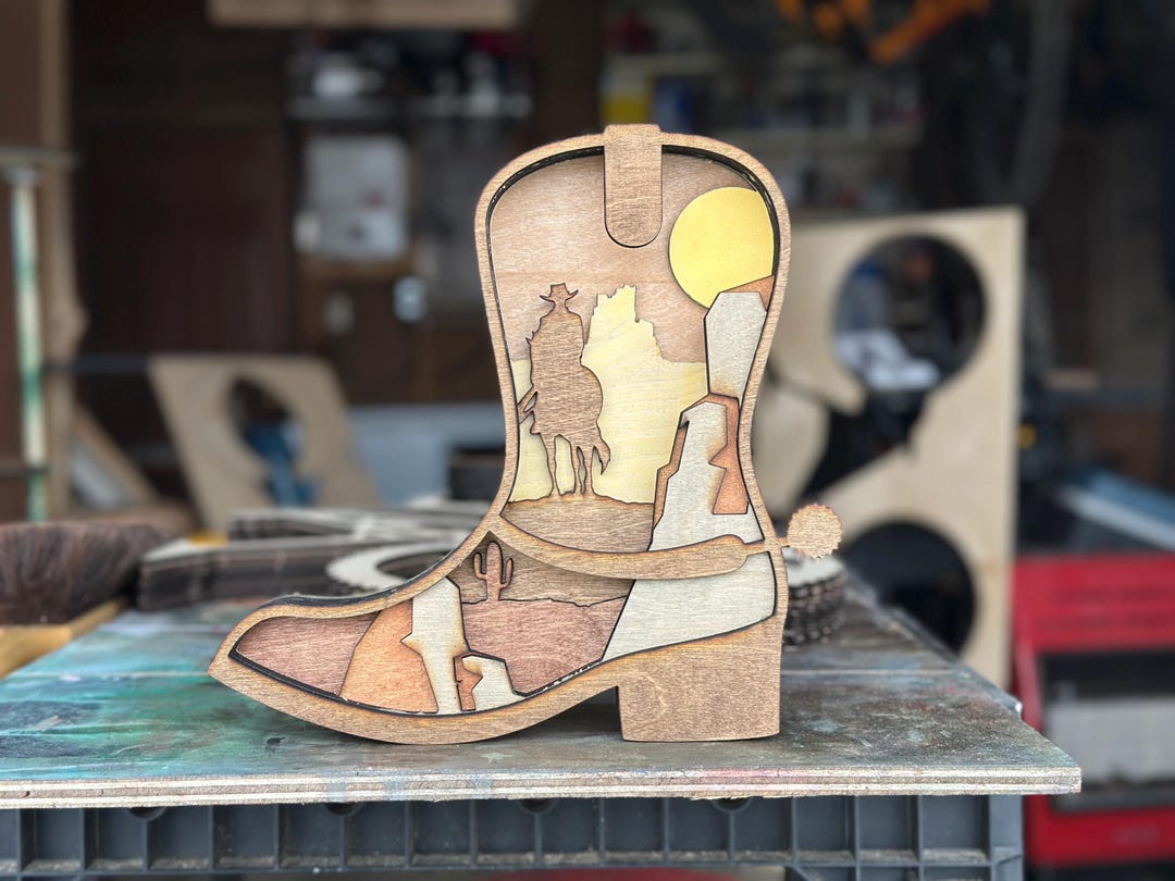Handmade Wooden Cowboy Boot Art: 3D Western Scene, Montana Made - Etsy