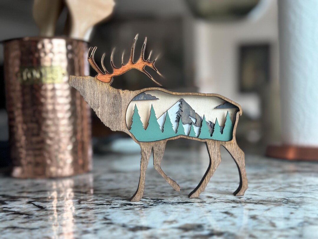 Handcrafted Wooden Elk Silhouette: Montana Mountain Scene Decor - Etsy