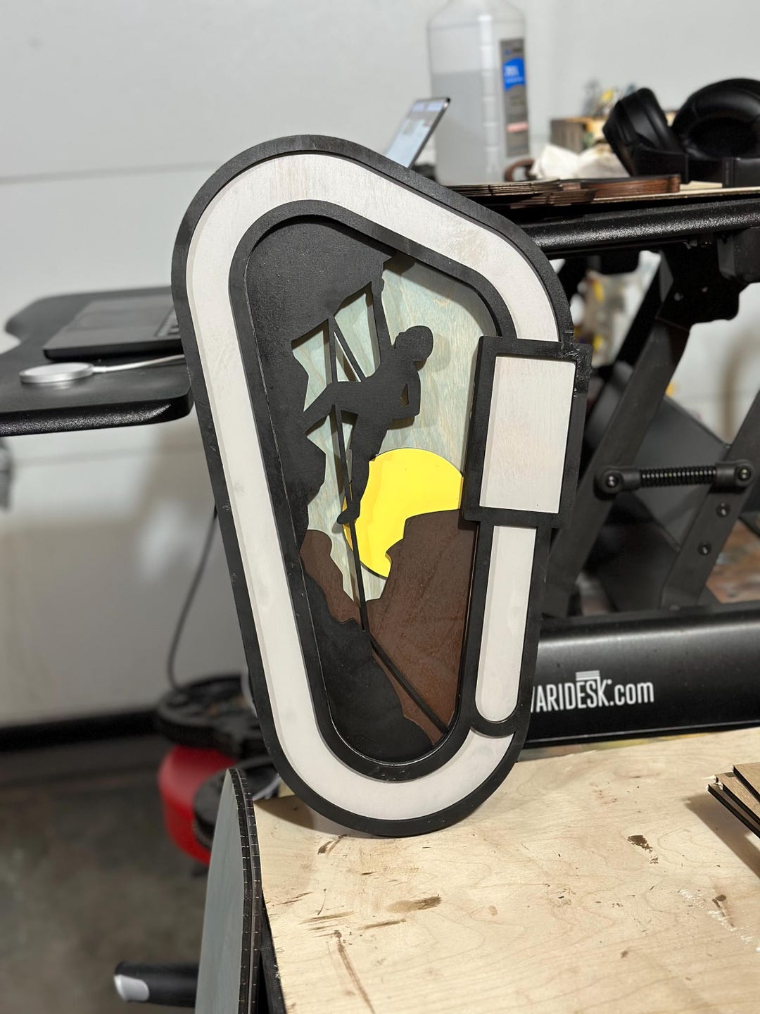 Laser Cut Rock Climber Wall Art: Carabiner Frame, Wood Mountain Sunset ...
