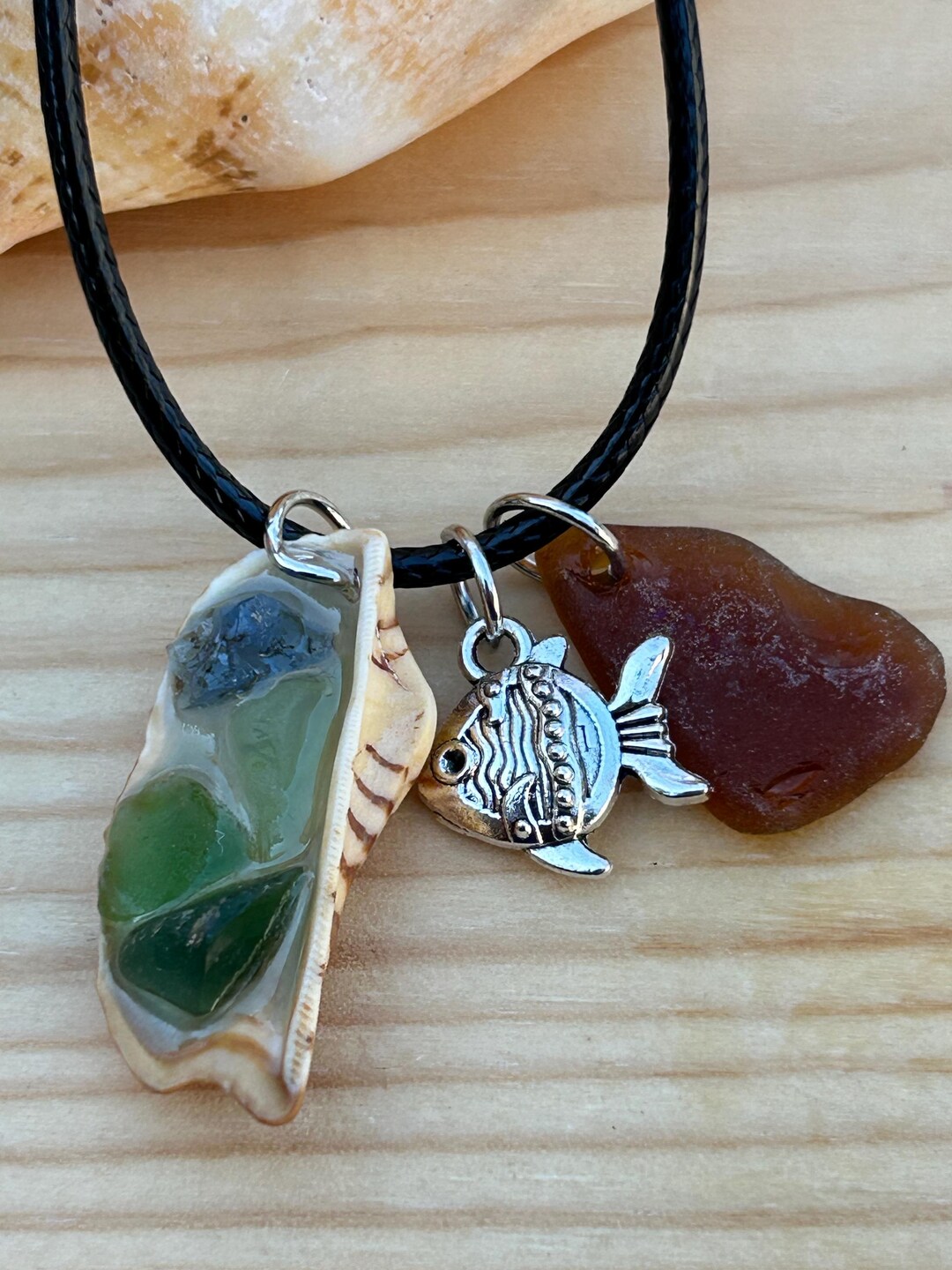 Sea Glass Charm Shell Pendant - Genuine Ocean Trio - Fish Charm Sea ...