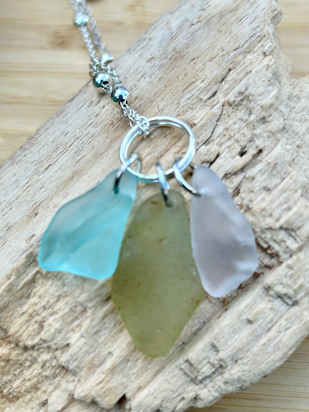 Sea Glass Trio Pendant - Genuine Beach Glass Necklace - Sea Glass ...