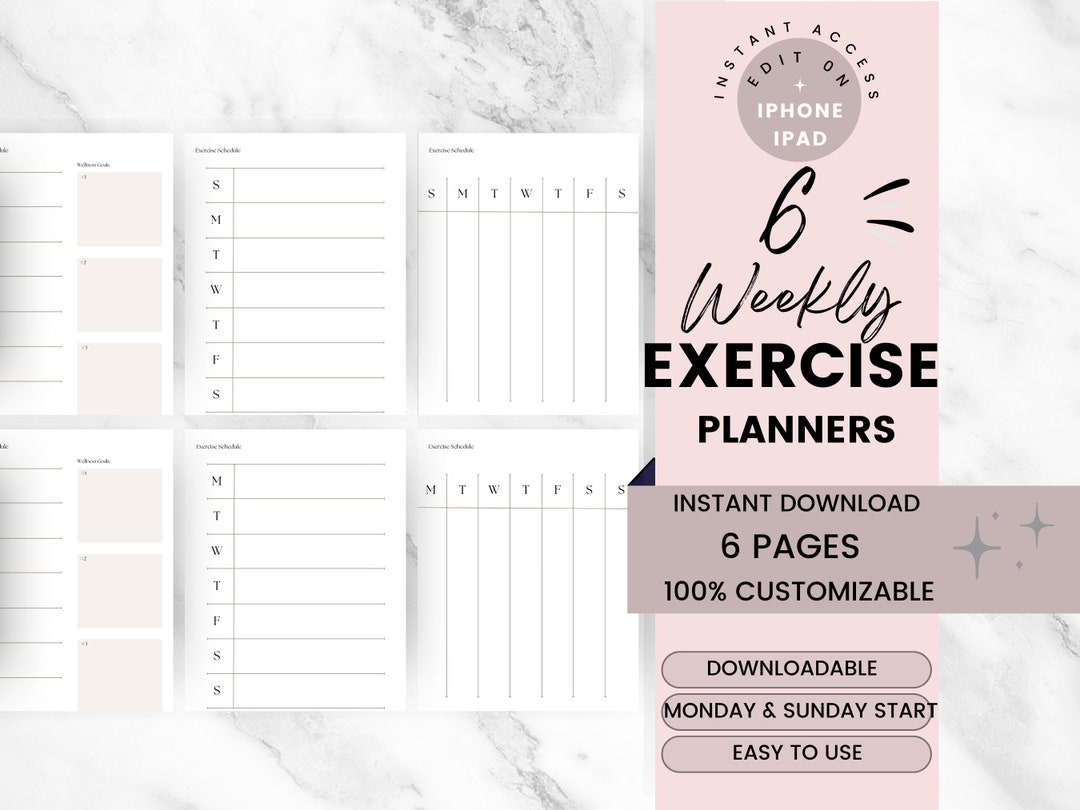 Weekly Exercise Planner | Workout Planner | Monday + Sunday Start ...