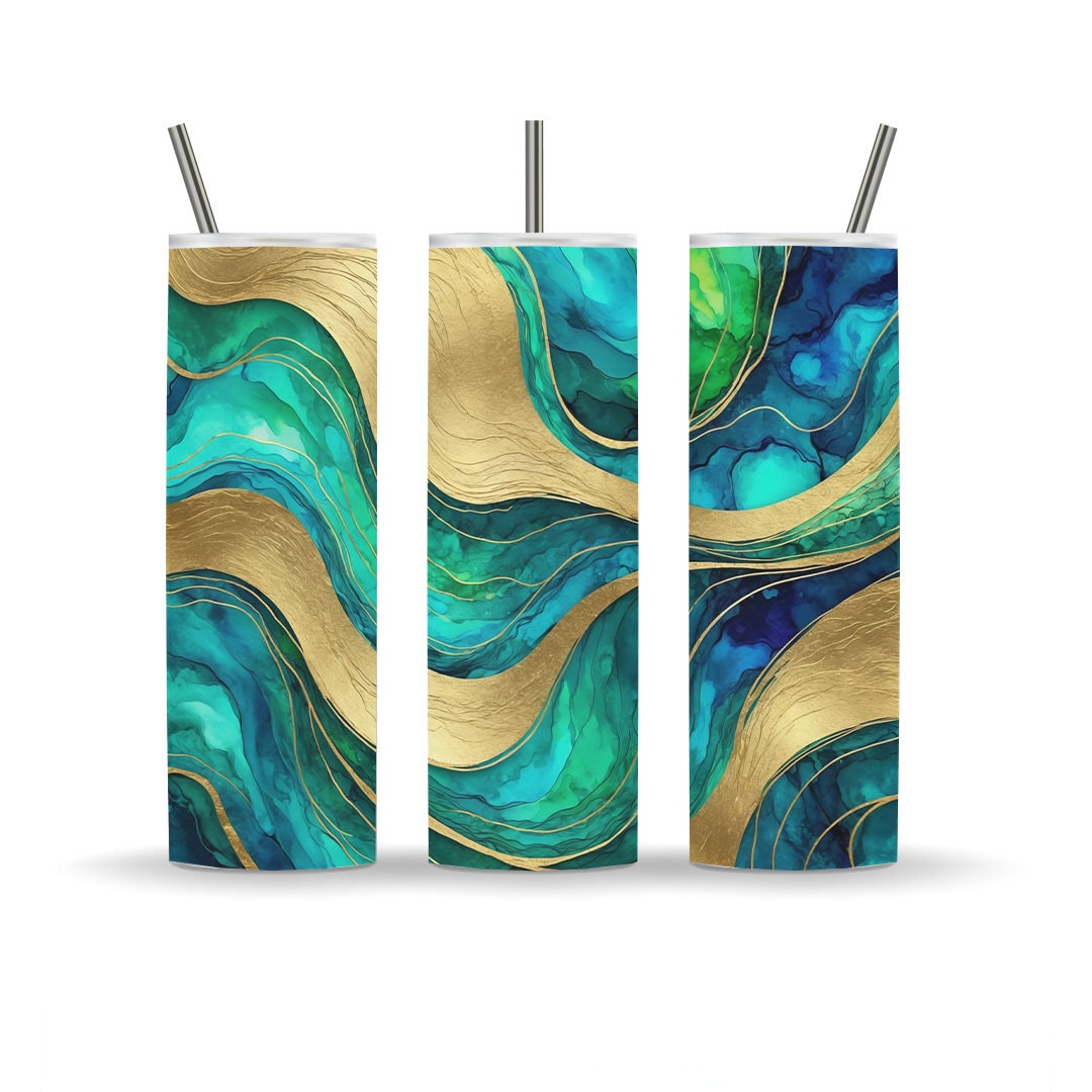 Blue Green Gold Marble Swirl Sublimation Design for 20oz Tumbler Wrap ...