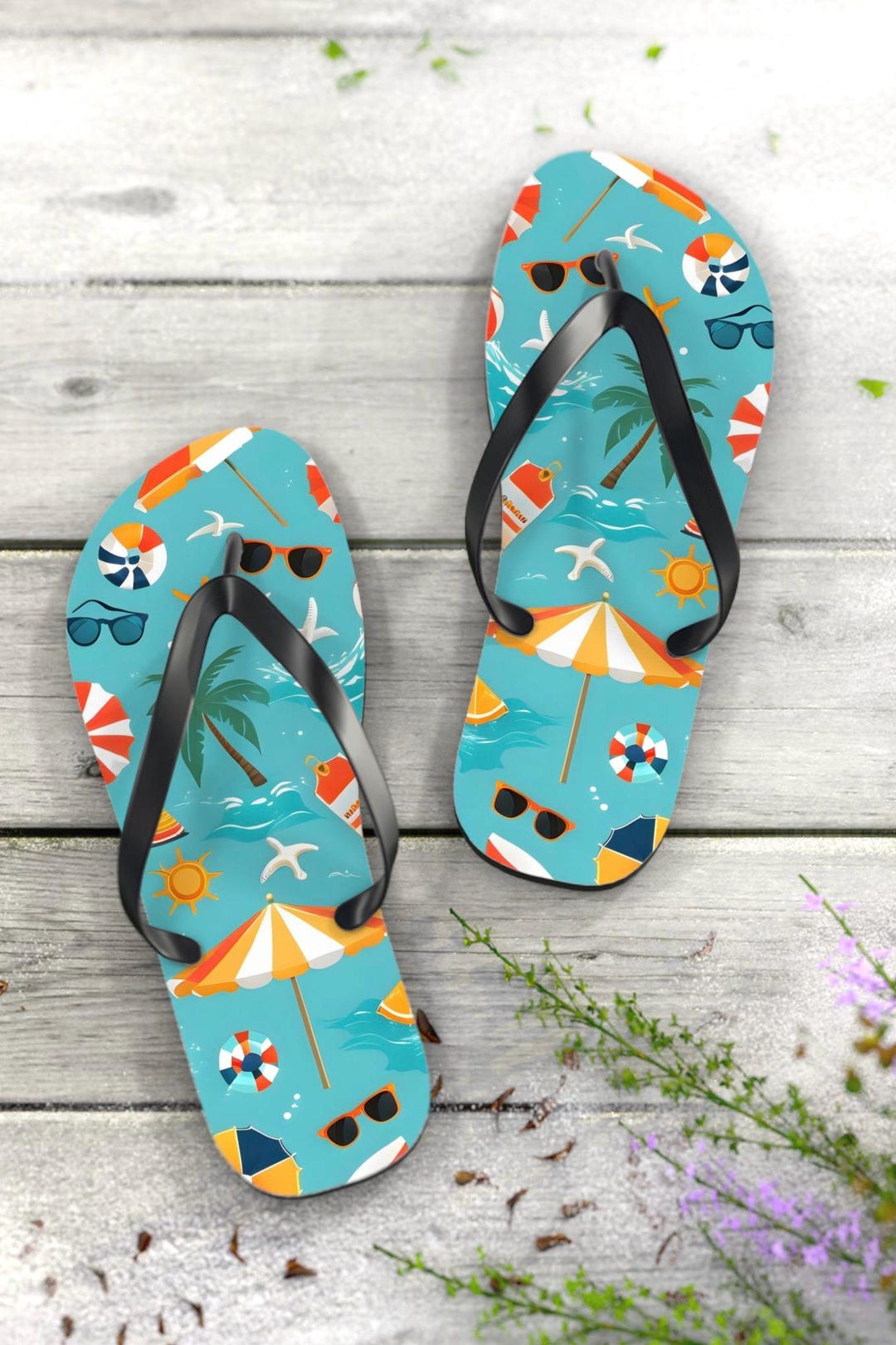 Beach Theme Flip Flops. Mens and Womens Sizes. Summer Sandals. Beach ...