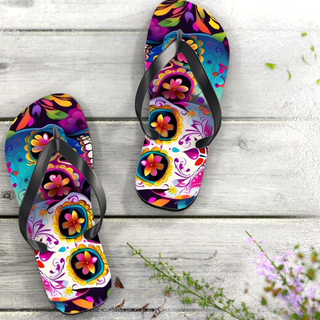 Womens Sugar Skull Flip Flops. Beach Sandles. Camping Gear. Summer ...