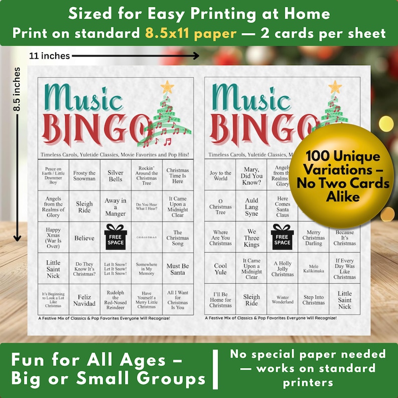 Christmas Music Bingo Game | Printable Holiday Party Game | 100 Unique ...