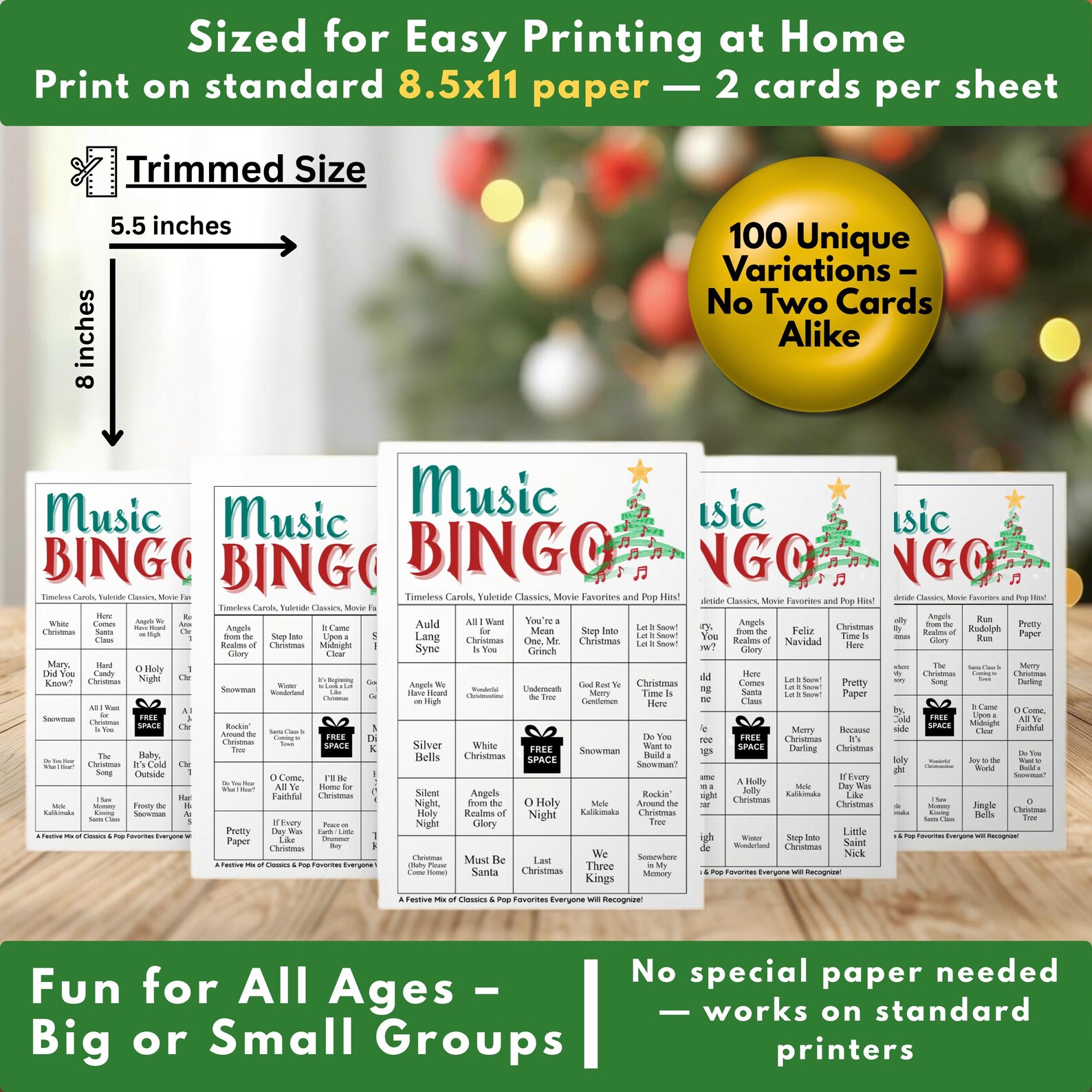 Christmas Music Bingo Game | Printable Holiday Party Game | 100 Unique ...