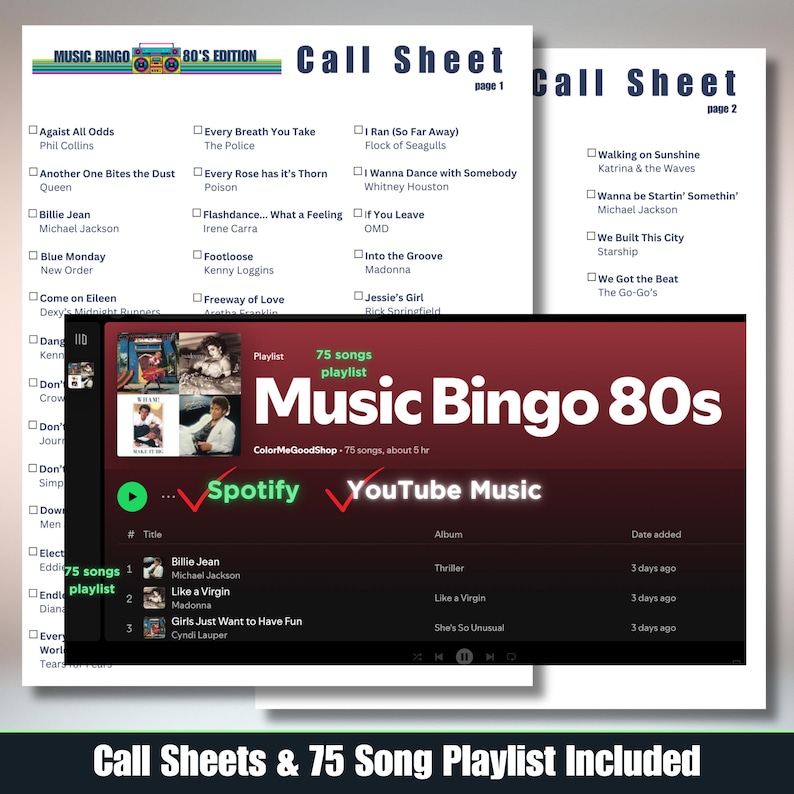 Music Bingo Game, 80s Hits, Printable Party Game With Playlists, Fun ...