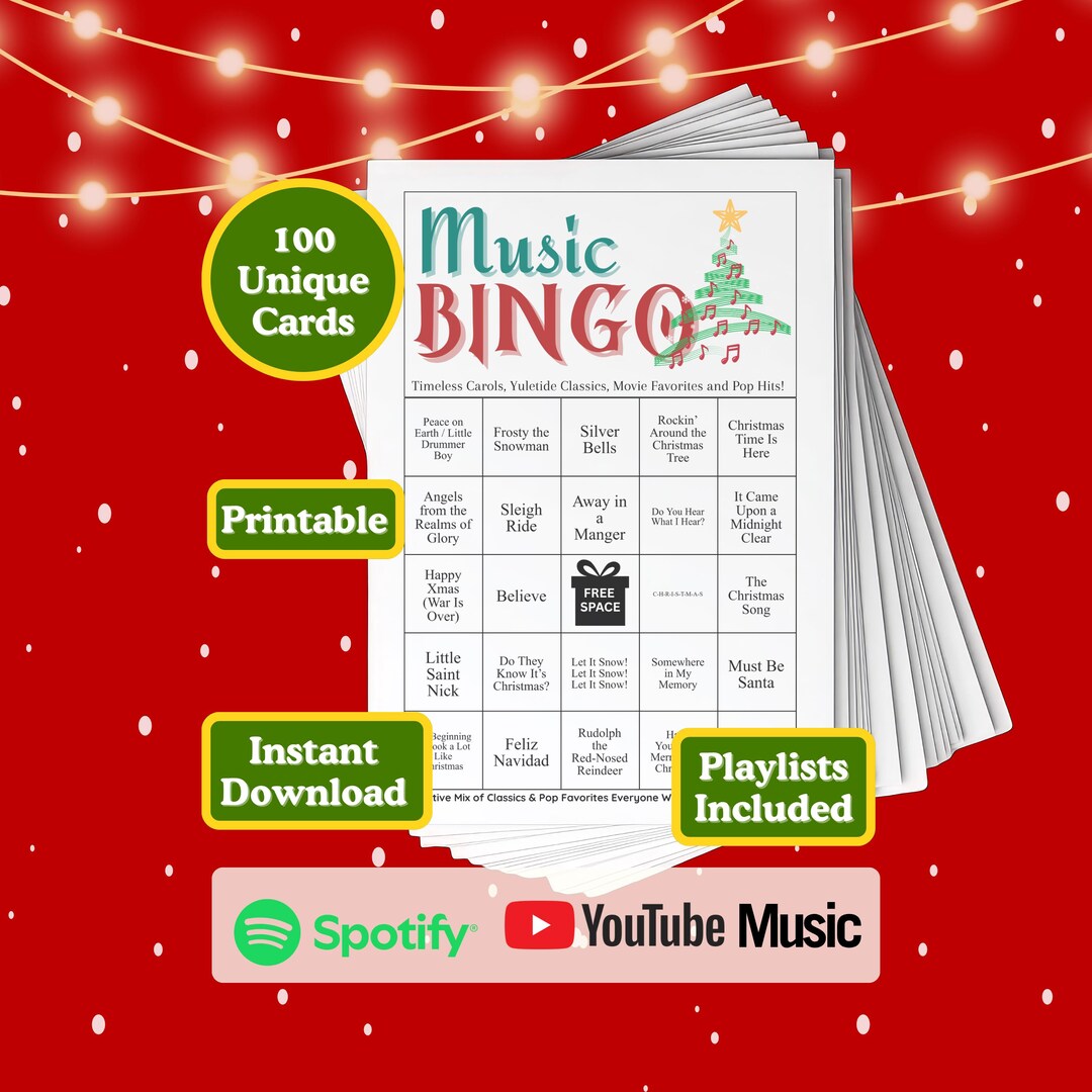 Christmas Music Bingo Game | Printable Holiday Party Game | 100 Unique ...
