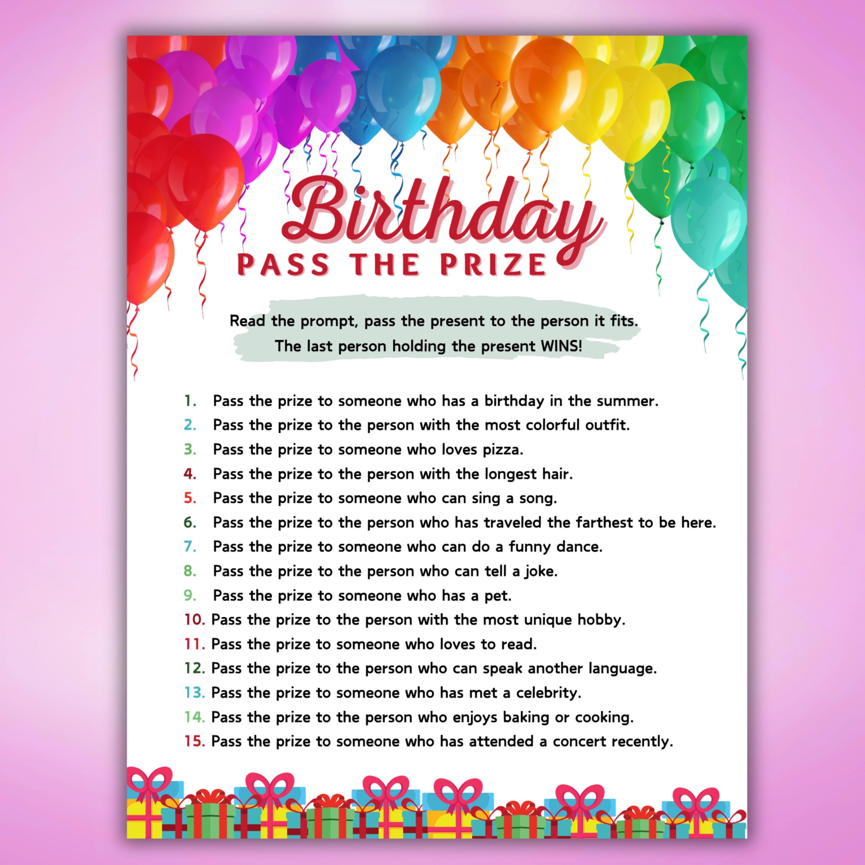 Printable Birthday Pass the Prize Game | Fun Gift Exchange Activity ...
