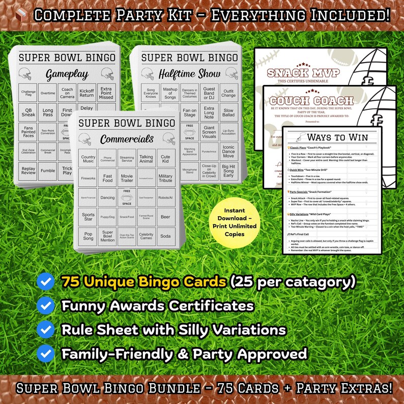 Super Bowl Party Games Bingo Bundle | 75 Printable Cards, Commercial ...