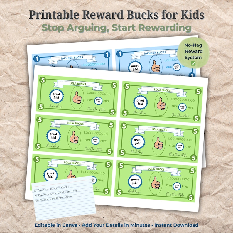 Editable Kids Reward Bucks Printable | Behavior Reward Money System for ...