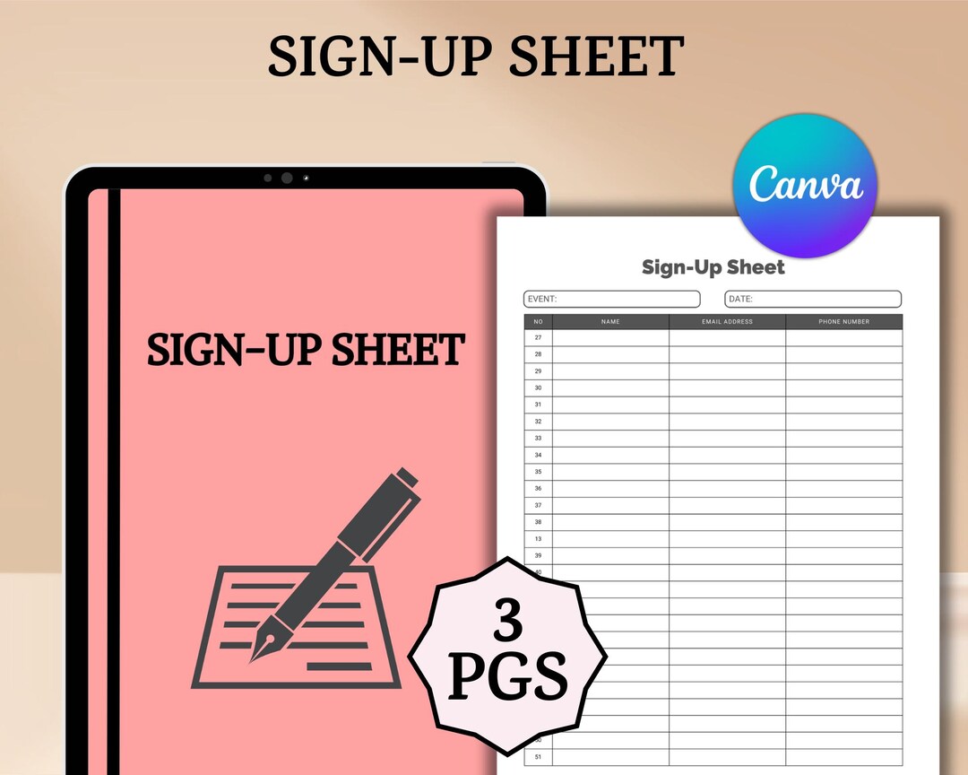 Editable and Printable Sign-up Sheet | Digital Registration Form ...