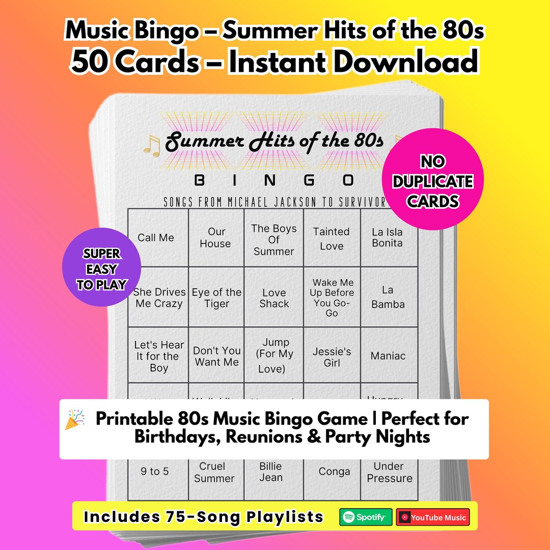 Music Bingo Game, 80s Summer Hits, Printable Party Game With Playlists ...