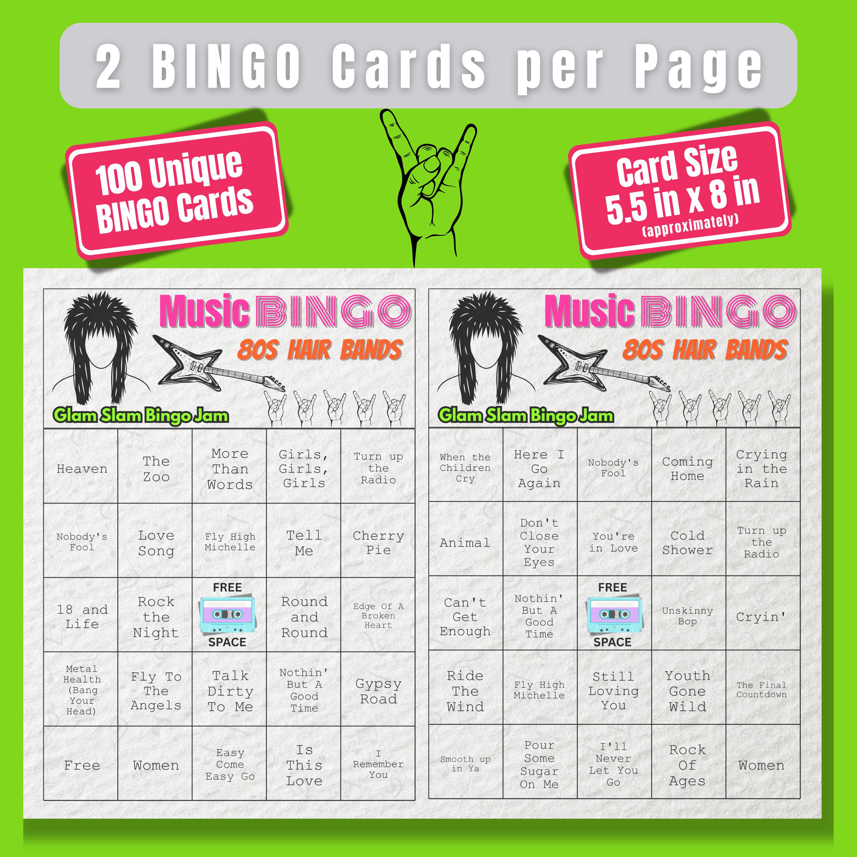 80s Music Bingo Game Printable | Hair Band Party Game | 80s Rock Bingo ...