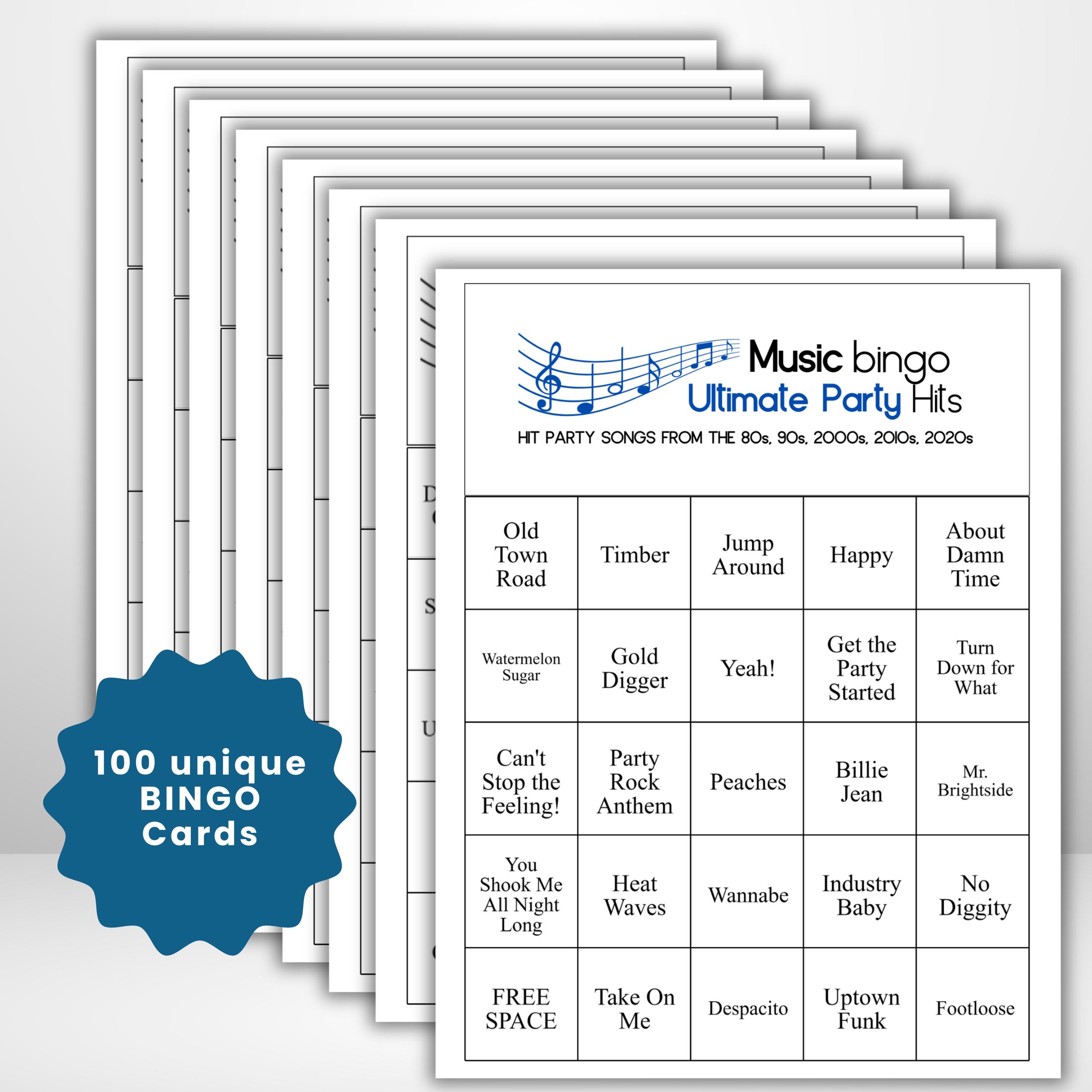 Music Bingo Game – 80s to 2020s Hits – Printable Party Game With ...