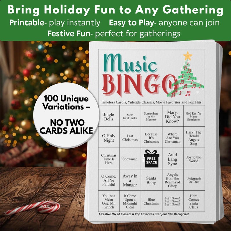 Christmas Music Bingo Game | Printable Holiday Party Game | 100 Unique ...
