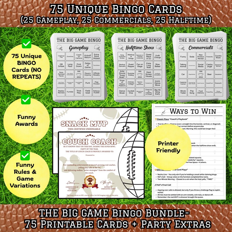 Super Football Bowl Bingo, the Big Football Game Bingo, Printable Party ...