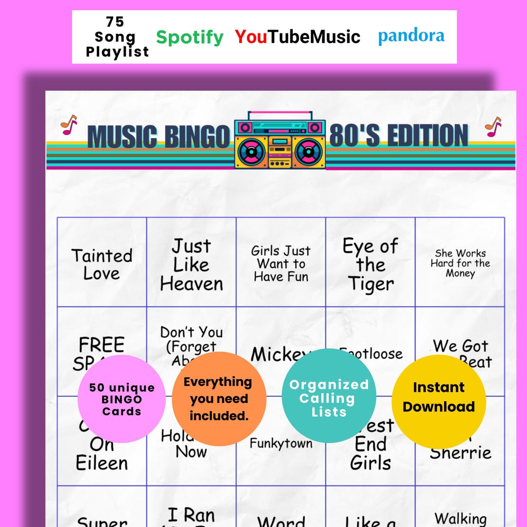 Printable 80s Music Bingo Game Set, 50 Unique Cards, Family Party Game ...