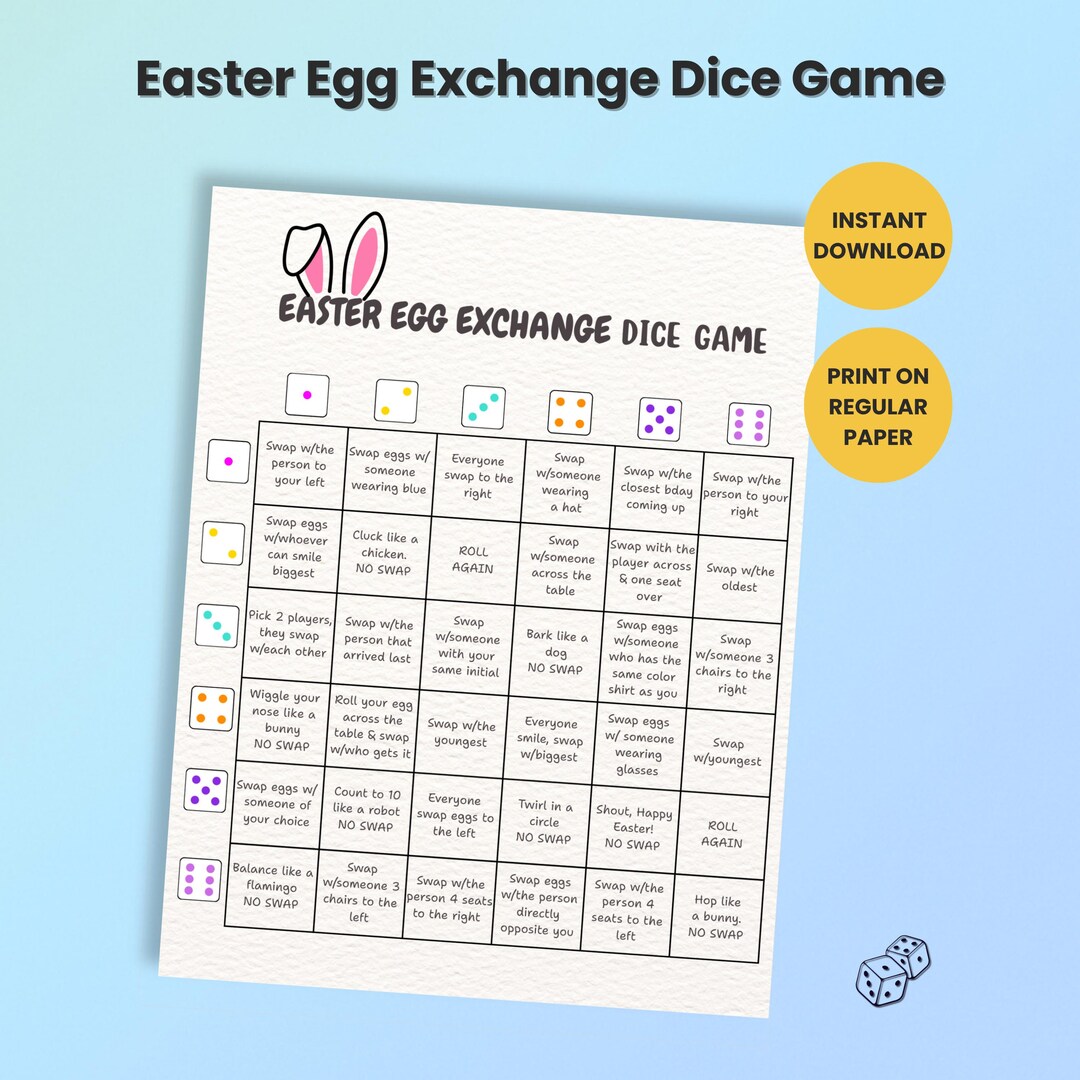 Easter Egg Exchange Dice Game Printable, Fortune Slips Inside, Jokes ...