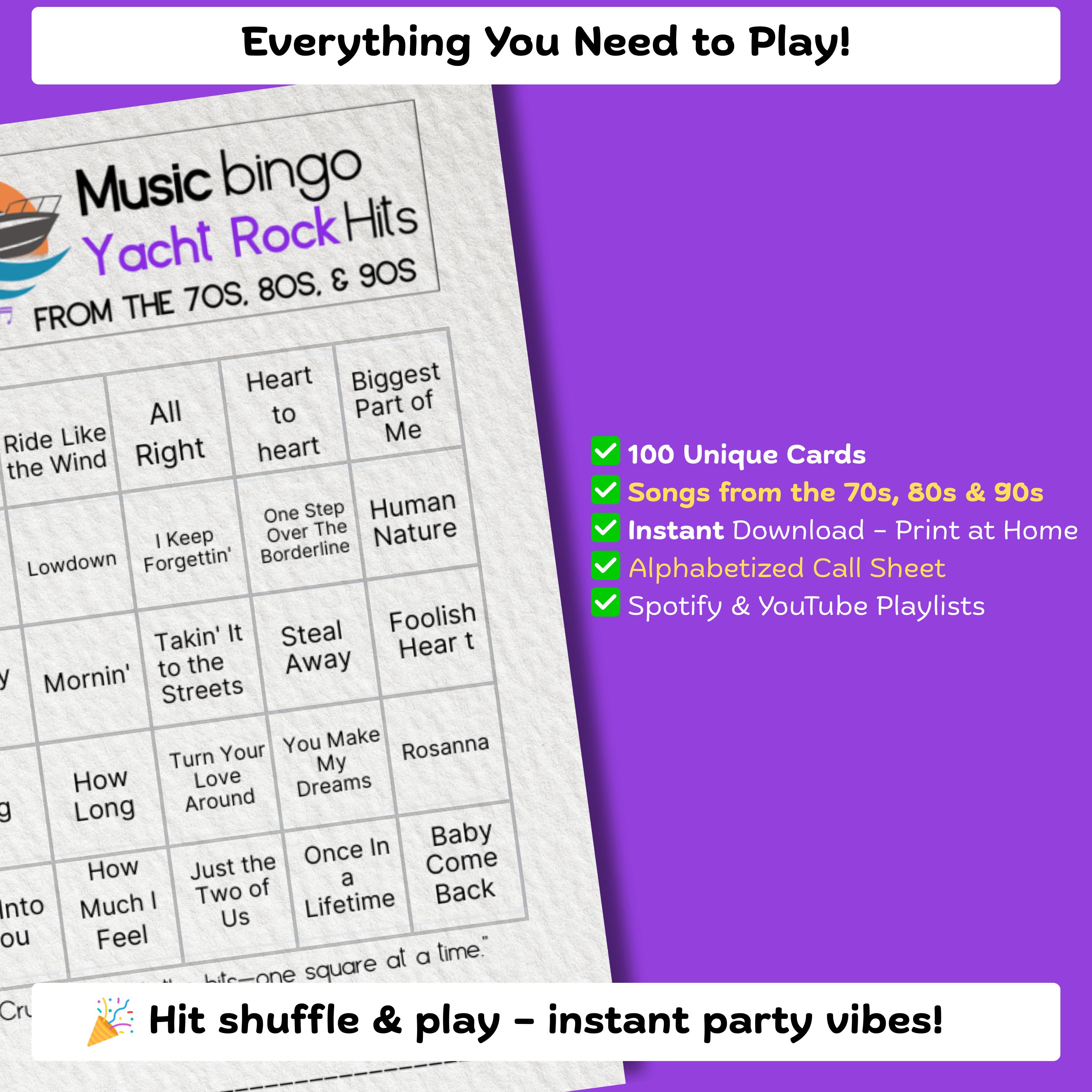 Music Bingo Game, Yacht Rock, Fun Adult Party Game, 70s 80s Soft Rock ...