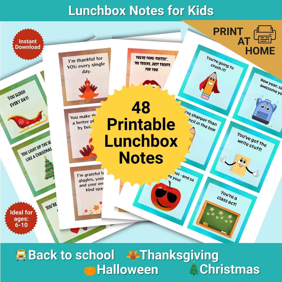 Kids Lunchbox Notes Printable Bundle | Back to School Notes, Halloween ...