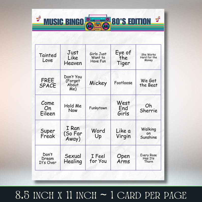 80s Music Bingo Game Printable - 50 Cards | Retro Party Game ...