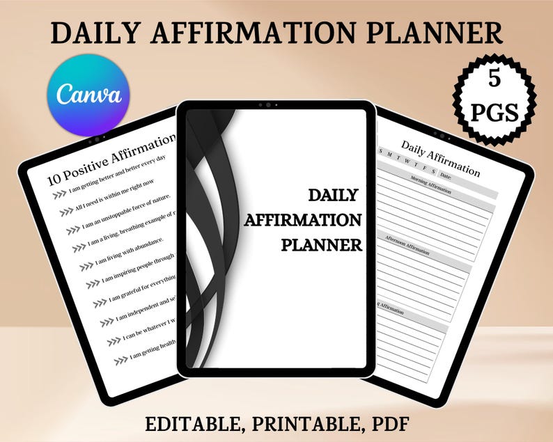 Editable and Printable Daily Affirmation Planner | Digital Positivity ...