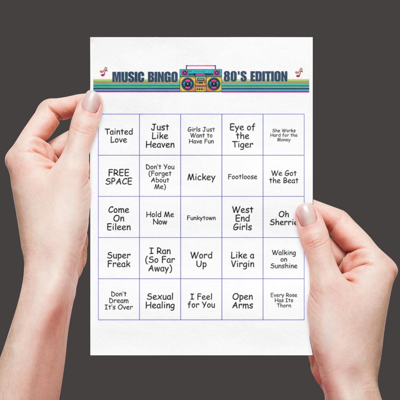 Printable 80s Music Bingo Game Set, 50 Unique Cards, Family Party Game ...