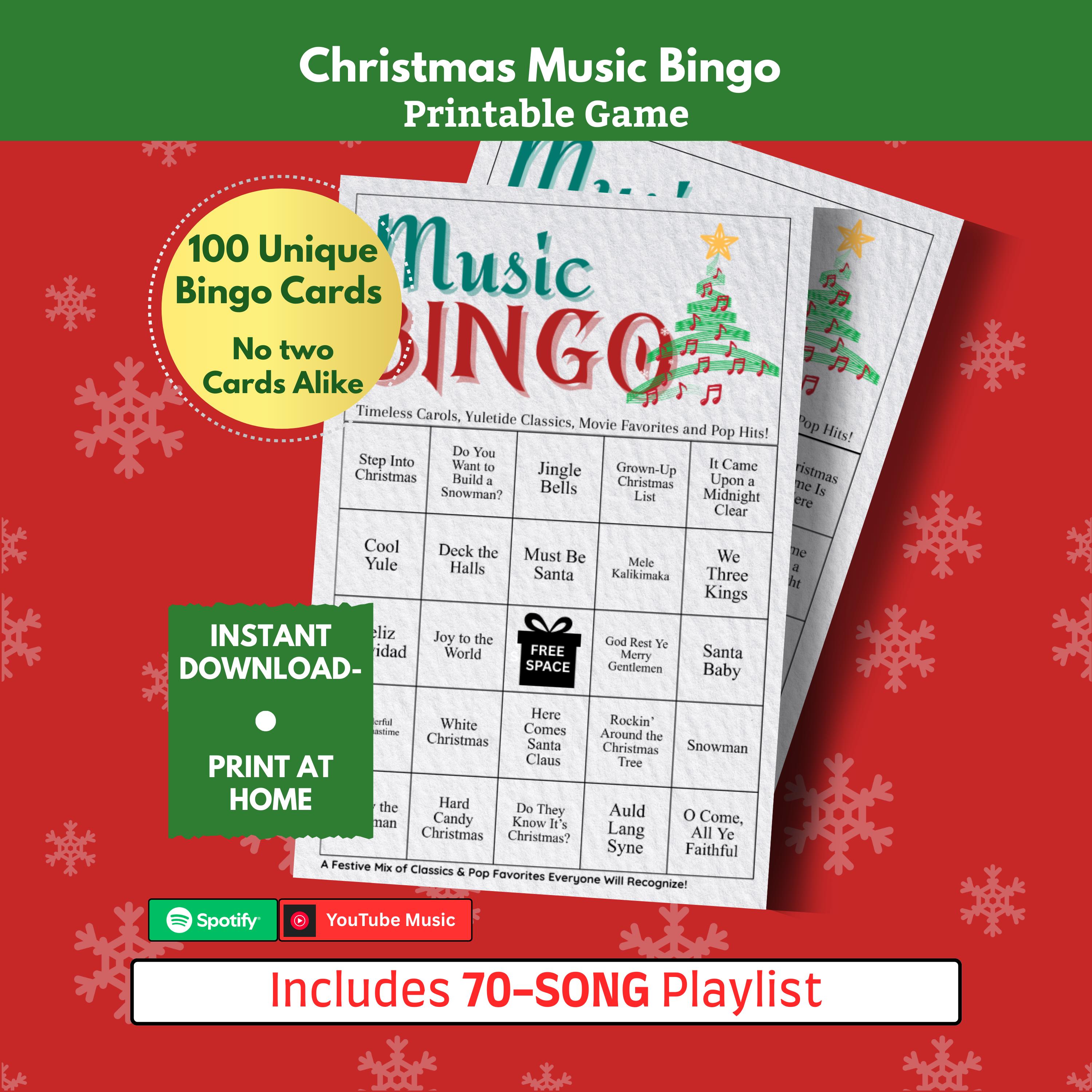 Christmas Music Bingo Game | Printable Holiday Party Game | 100 Unique ...