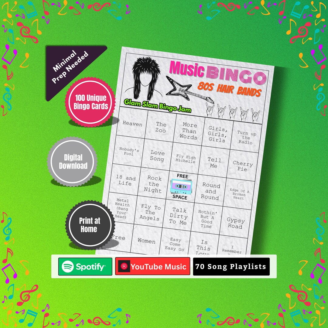 80s Music Bingo Game Printable | Hair Band Party Game | 80s Rock Bingo ...