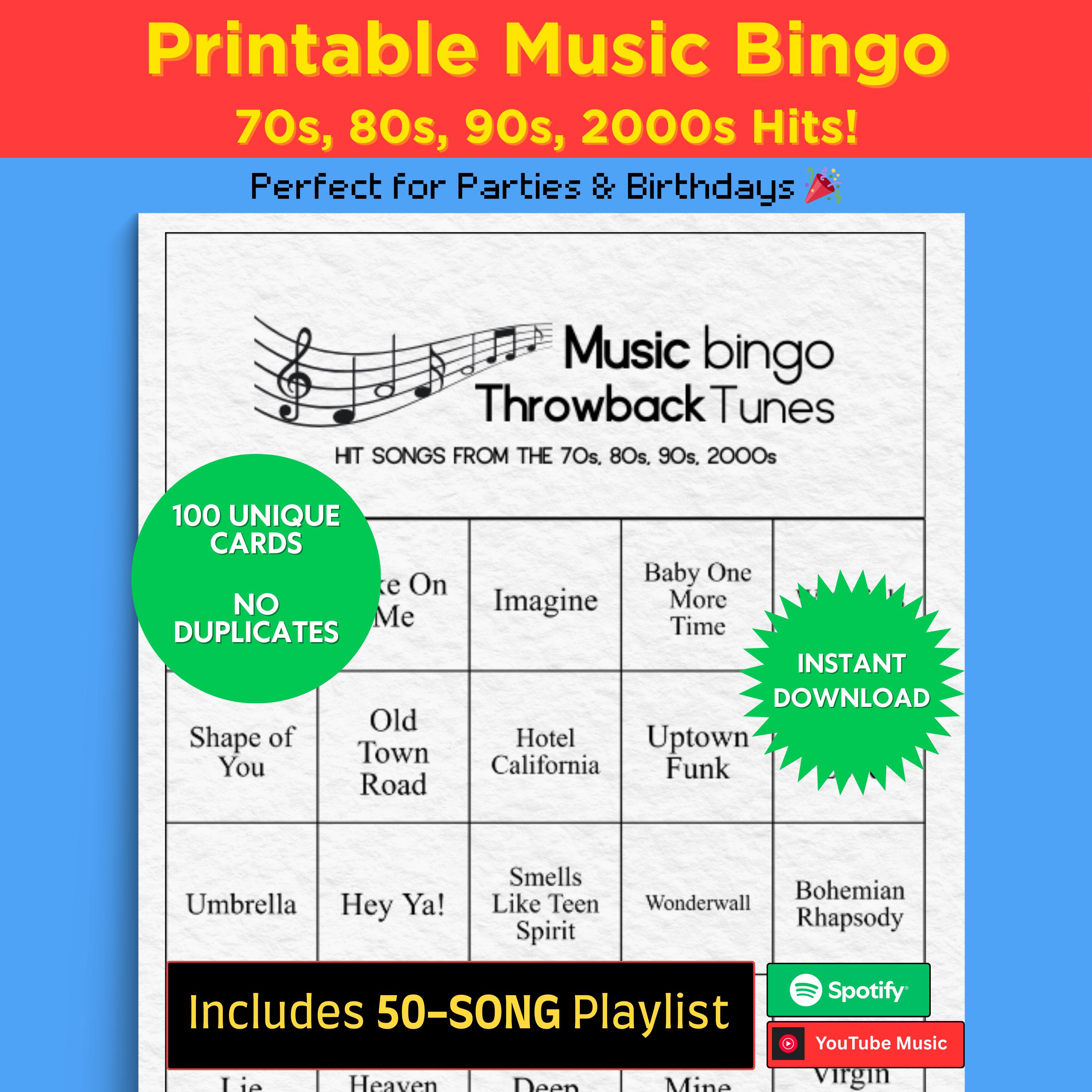 Music Bingo Game, 70s to 2010s Hits, Printable Party Game With ...
