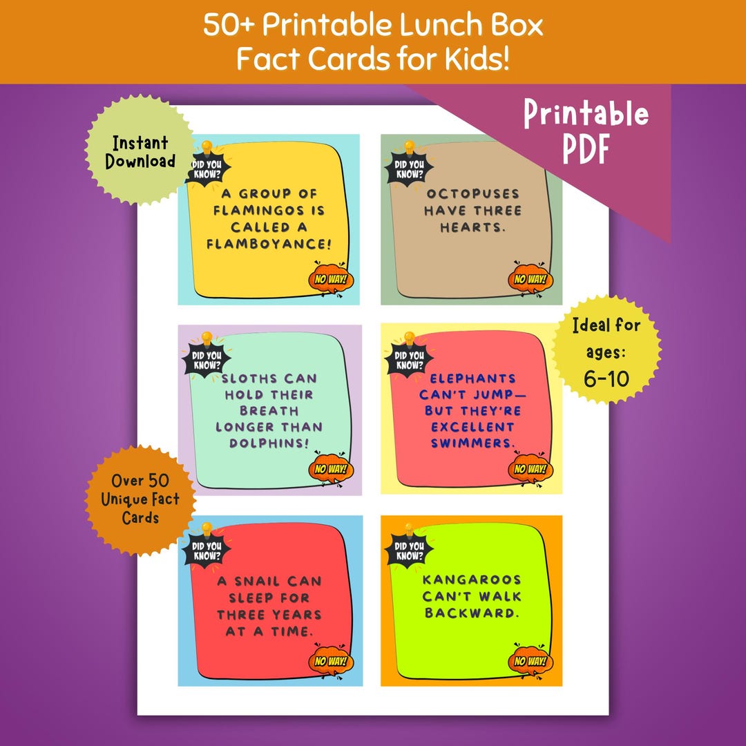 Printable Lunchbox Cards for Kids, Unique Fact Bundle, Ages 6-10, Back ...