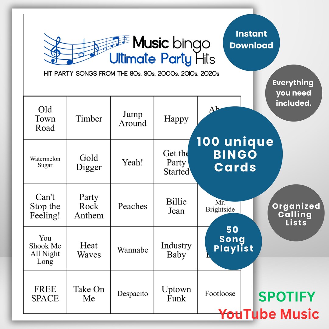 Music Bingo Game – 80s to 2020s Hits – Printable Party Game With ...