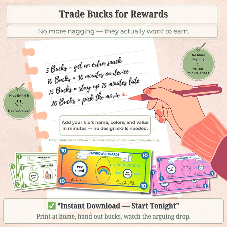 Editable Kids Reward Bucks Printable | Behavior Reward Money System for ...