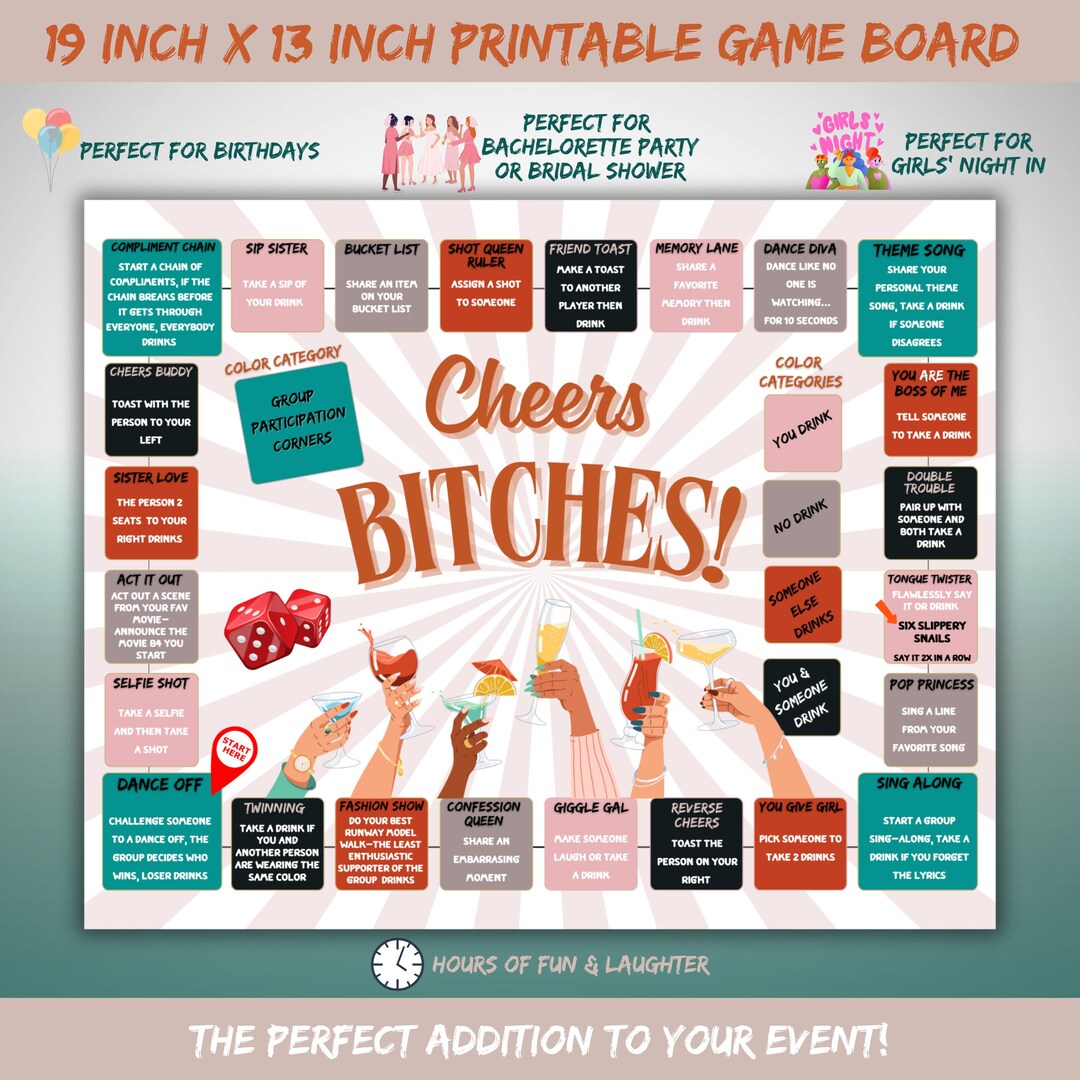 Cheers Bitches, Printable Girls' Night Drinking Game - Fun Bachelorette ...