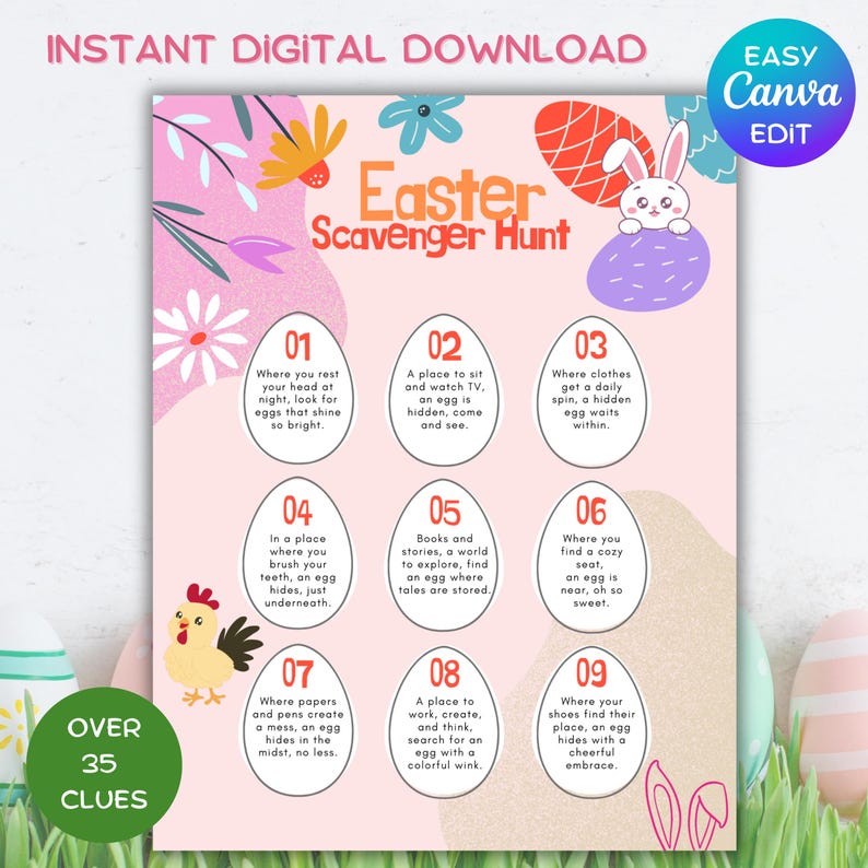Printable Easter Scavenger Hunt | Indoor & Outdoor Egg Hunt Clues ...
