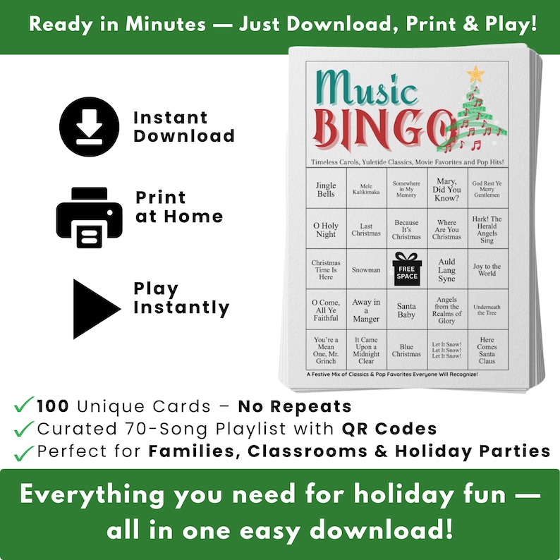 Christmas Music Bingo Game | Printable Holiday Party Game | 100 Unique ...