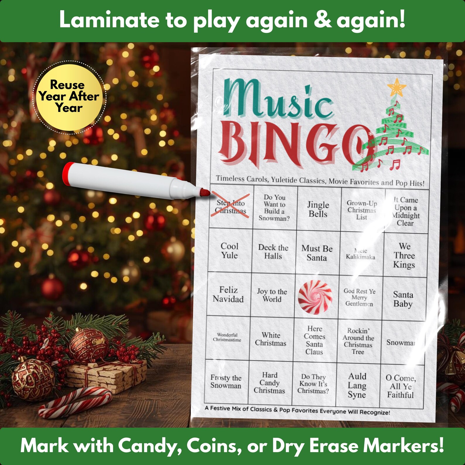 Christmas Music Bingo Game | Printable Holiday Party Game | 100 Unique ...