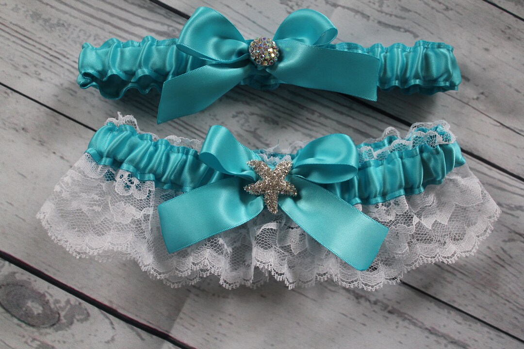 Misty Turquoise/light Turquoise and White or Ivory Lace Garter Set ...