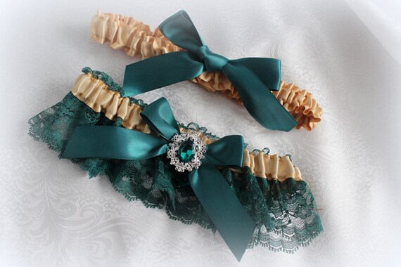 Hunter Green Lace Gold/Hunter Satin Garter Set-Includes Toss | Etsy