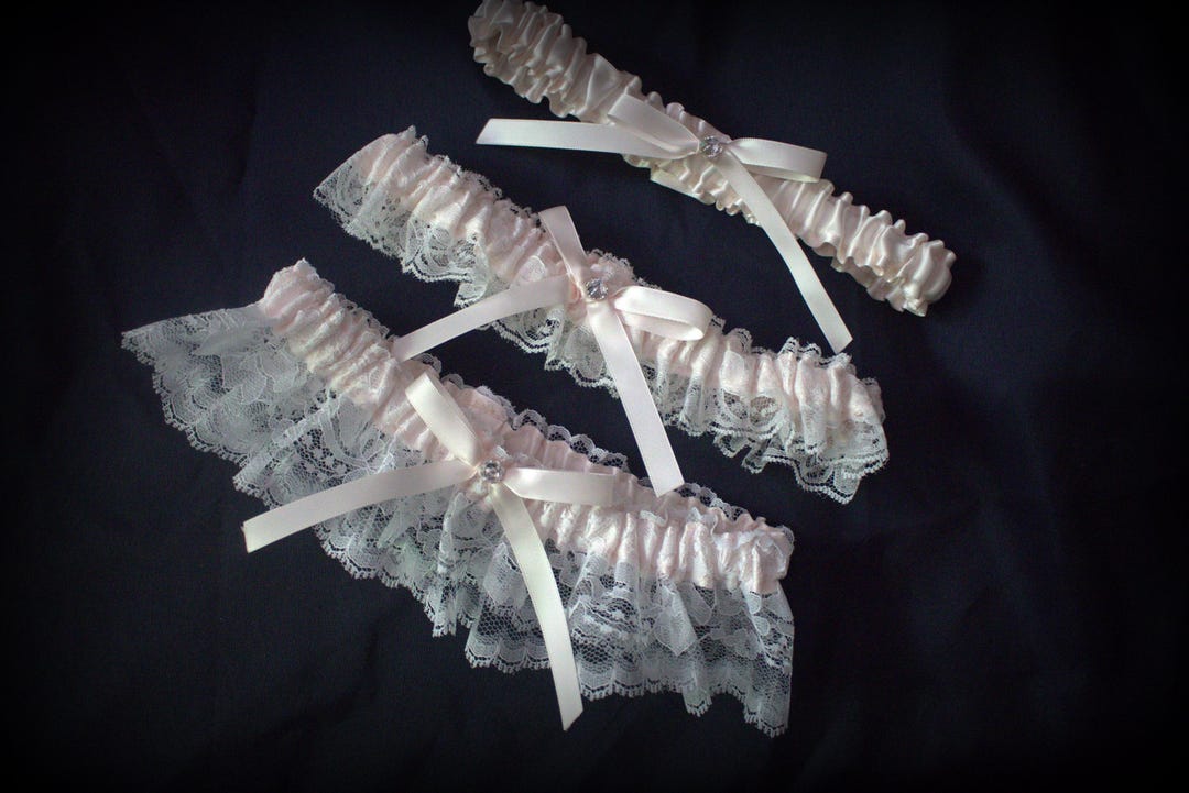 White or Ivory Lace and Pale Blush Pink/satin Garter Set/bows ...