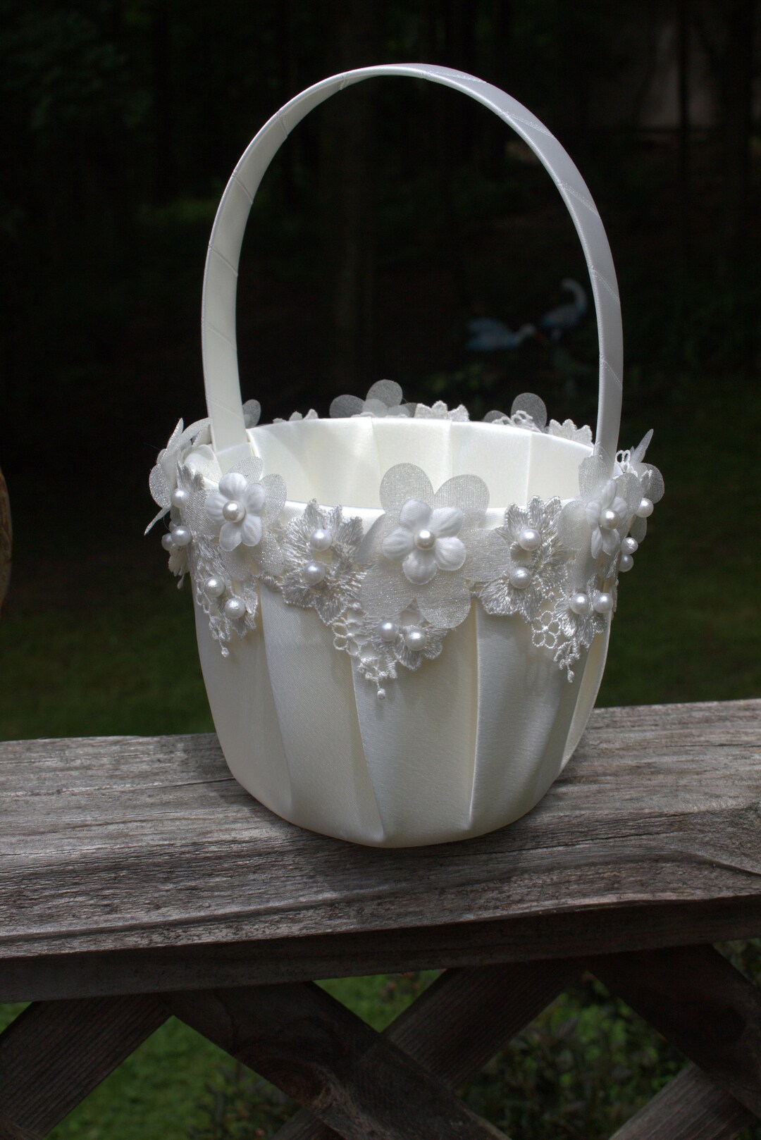 Ivory/white Flower Girl Basket-embroidered Lace Trim With Pearls ...