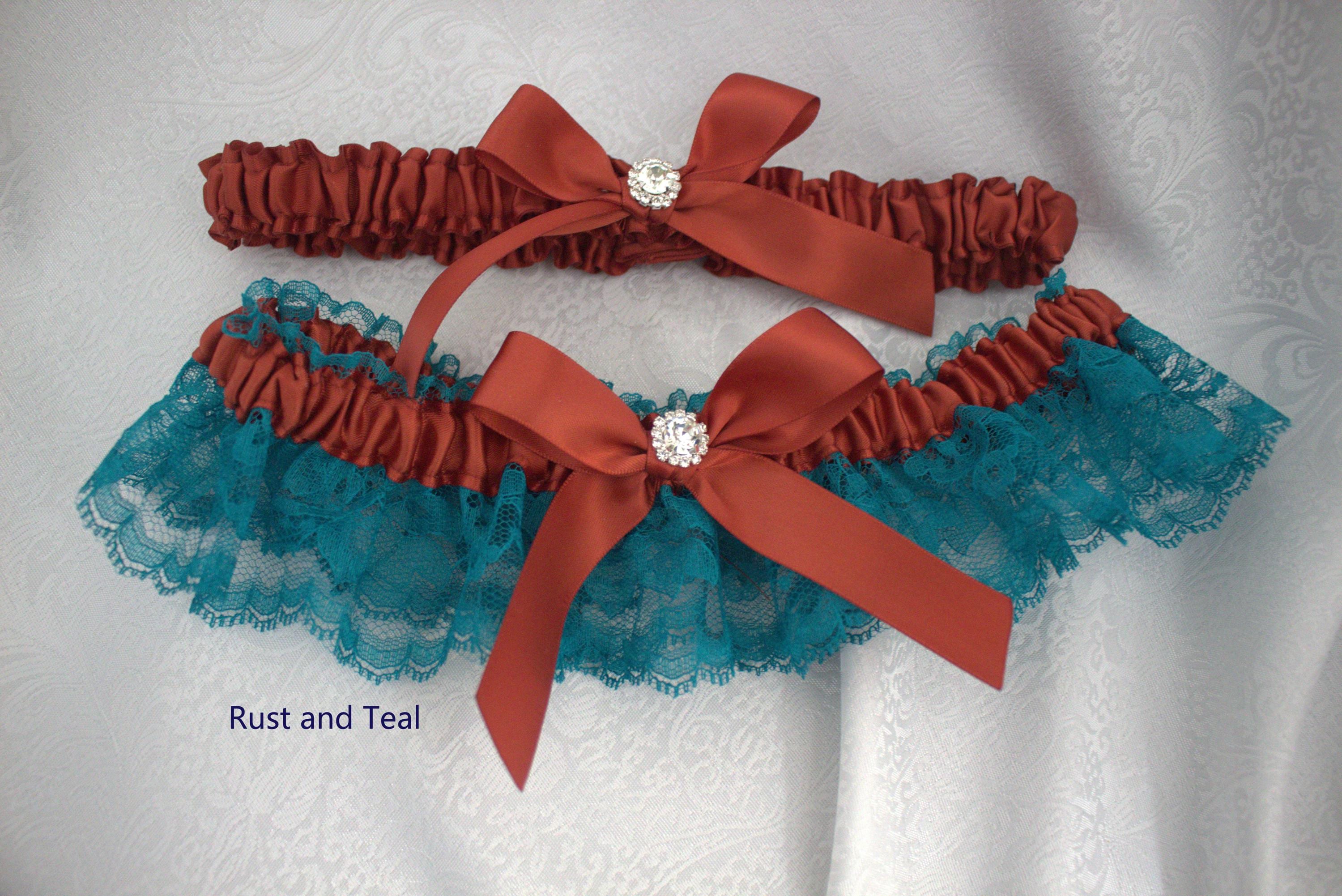 Teal/white/ivory/navy Lace With Copper/rust/ginger Satin Garter Set ...