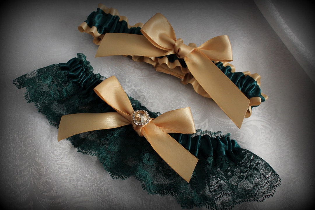 Hunter Green Lace and Gold and Hunter Satin Garter Set - Etsy