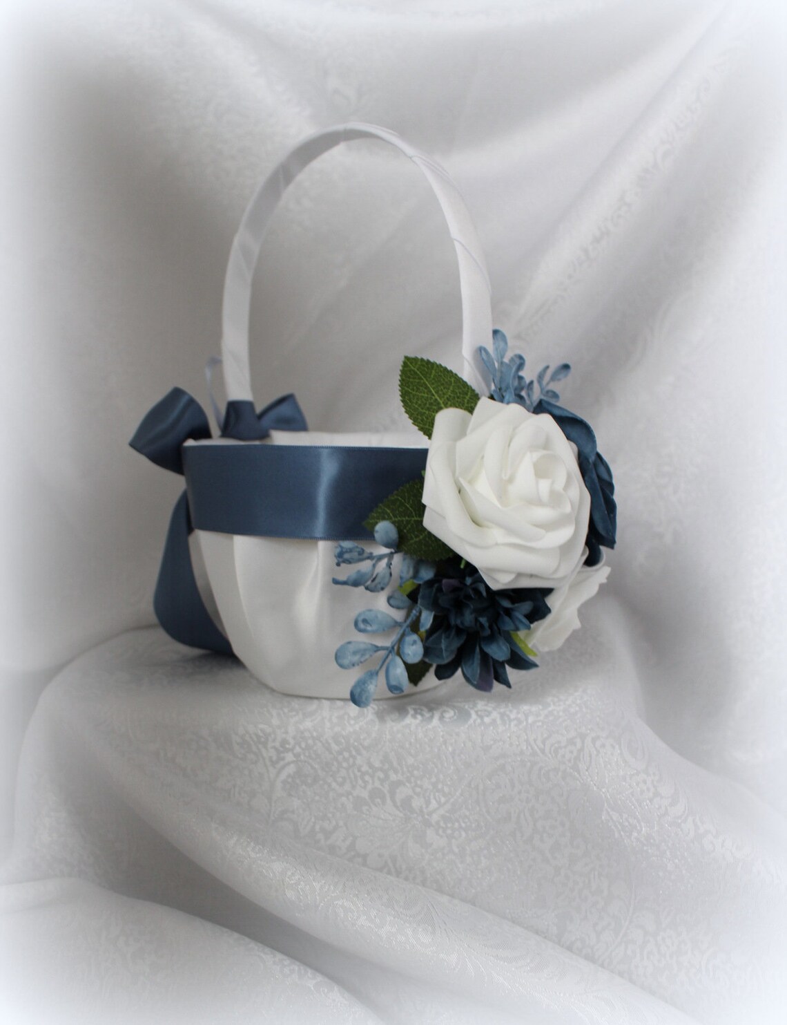 Ivory or White Satin Flower Girl Basket-steel Blue Satin Ribbons/white ...